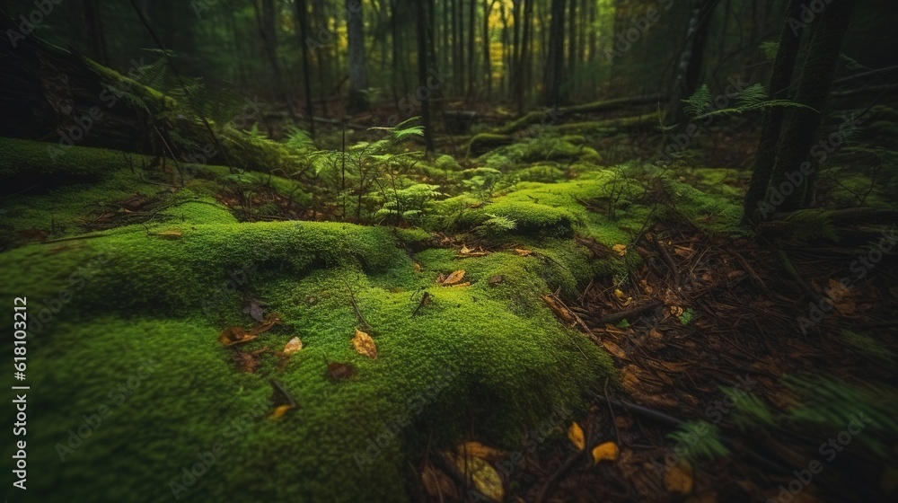 a moss covered forest with trees in the background and leaves on the ground. generative ai Stock ...