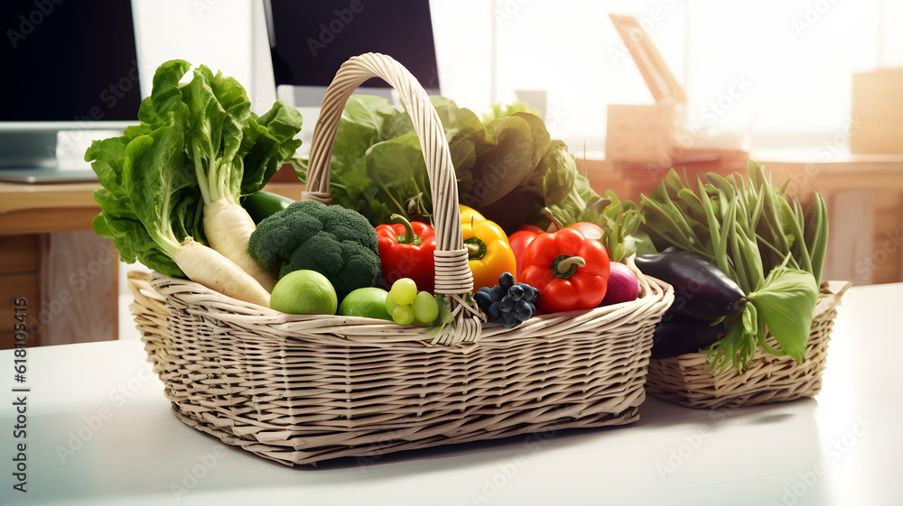Basket of fruit, in office, at work, fresh fruit and veggies, woven ...
