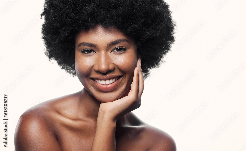 African woman, skincare and studio portrait with smile, wellness and ...