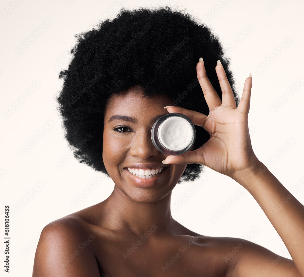 Black woman, cream and beauty, smile on face with cosmetics product and ...