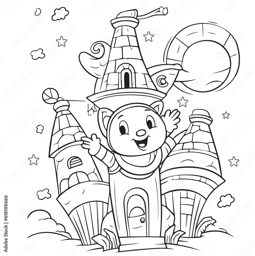 Vector hand drawn cute cartoonish castle outline illustration. Coloring ...