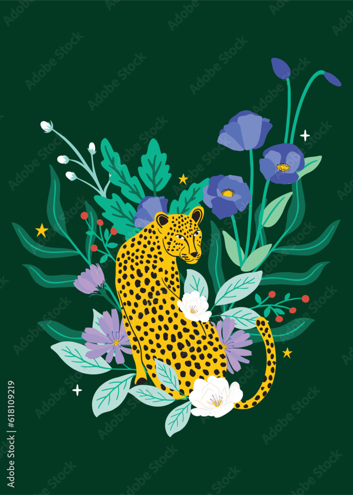 Cheetah illustration featuring botanical leaves, flowers and buds ...