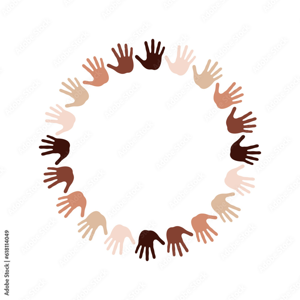 Framing from handprints different tone skin in circle with blank space ...