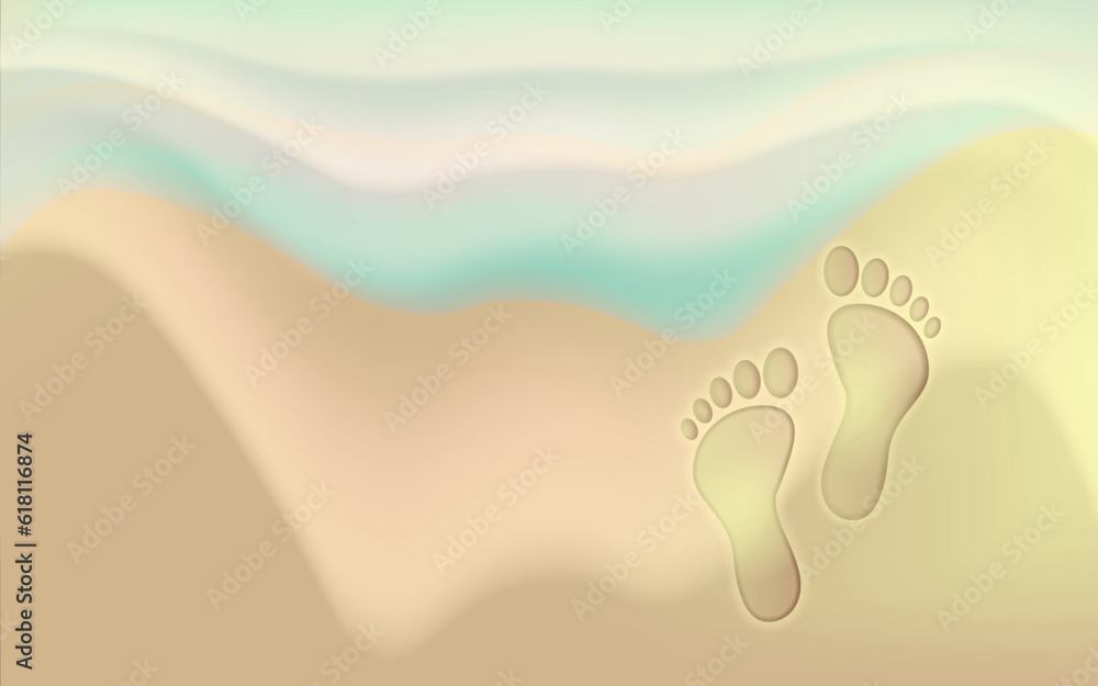 Beach sand footprint ocean coast sea azure wave with bubble. Vector ...