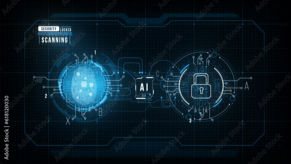 Virtual security system screen, fingerprint analisis data, AI interface ...