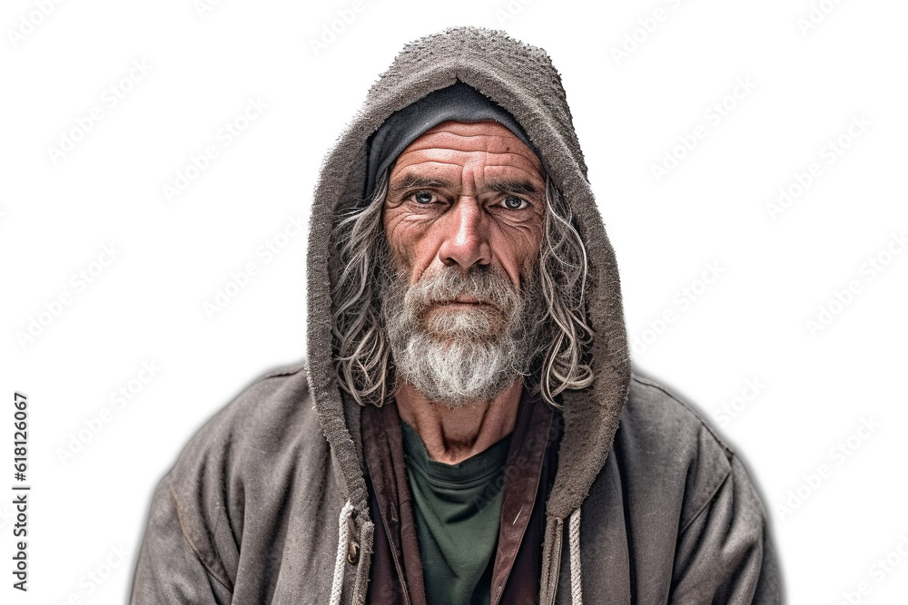 Homeless old man isolated on white background, homeless hobo senior ...