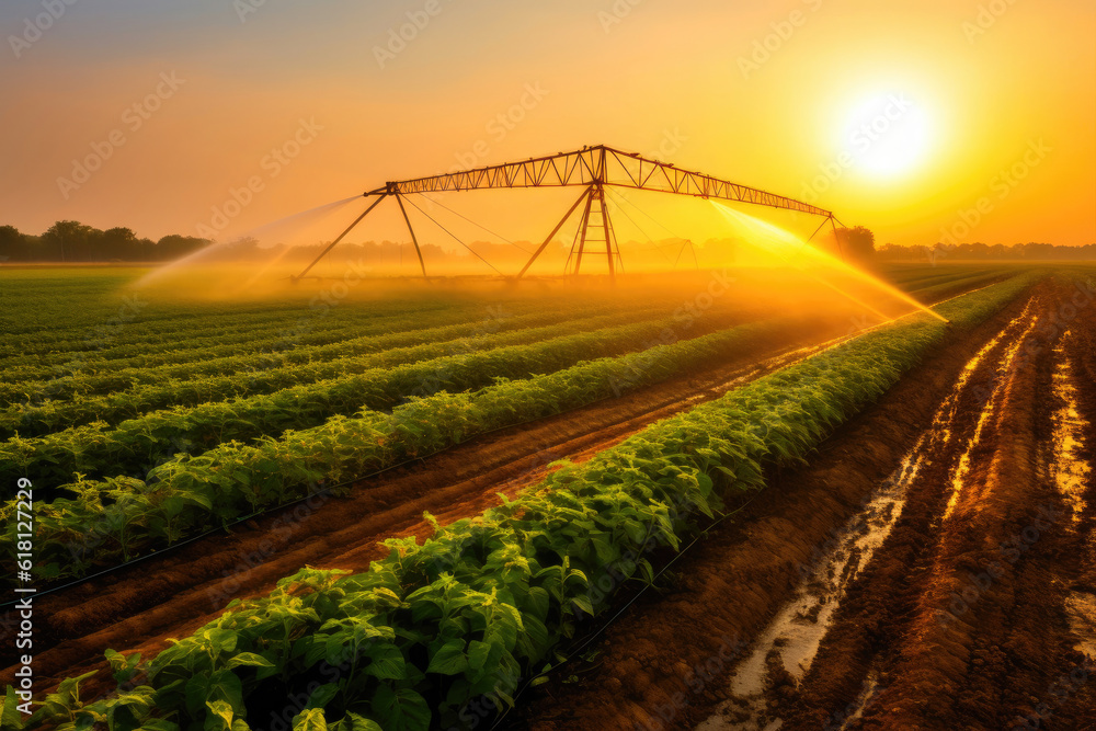 Irrigation system on agricultural soybean field in vibrant colors, rain ...