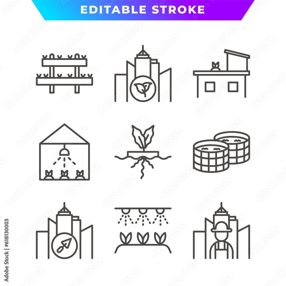 Set of Urban Farming Outline Icon. Hydroponics, City, Farmer ...