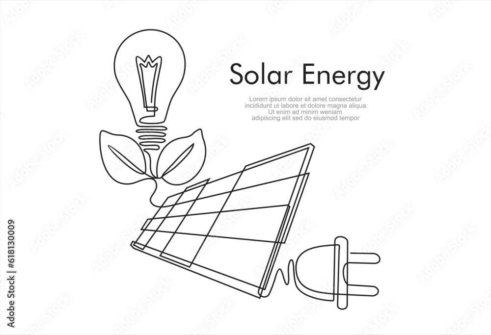 Continuous line drawing solar panel, sun, plug and light bulb, symbol ...