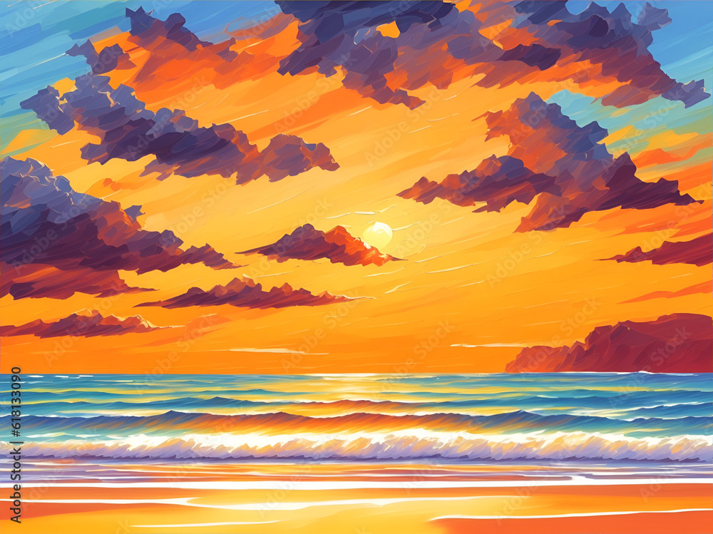 Cartoon Pacific beach sunset. AI generated illustration Stock ...