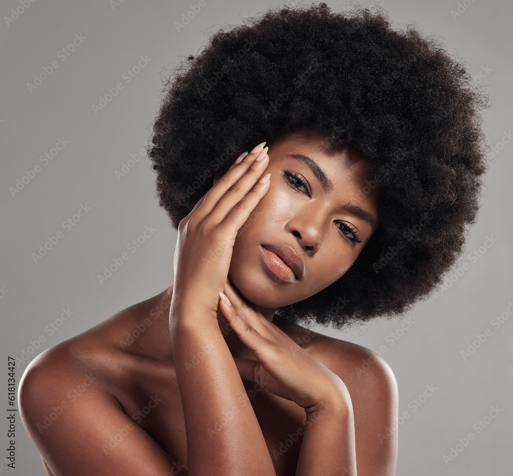 Black woman, portrait and hands touching face, natural beauty and afro ...