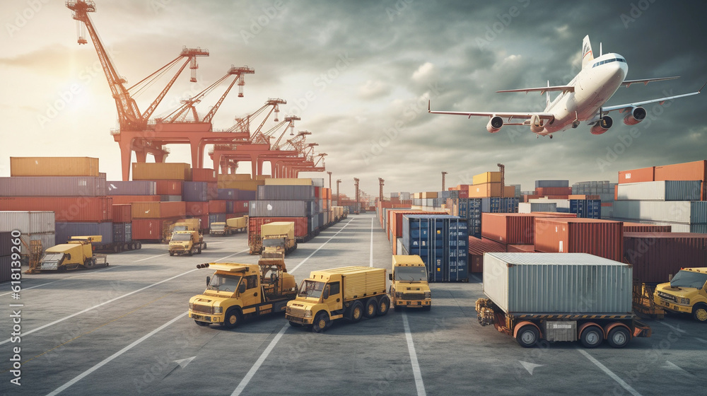 Logistic company presentation photo with ariplanes, ships, trucks and ...