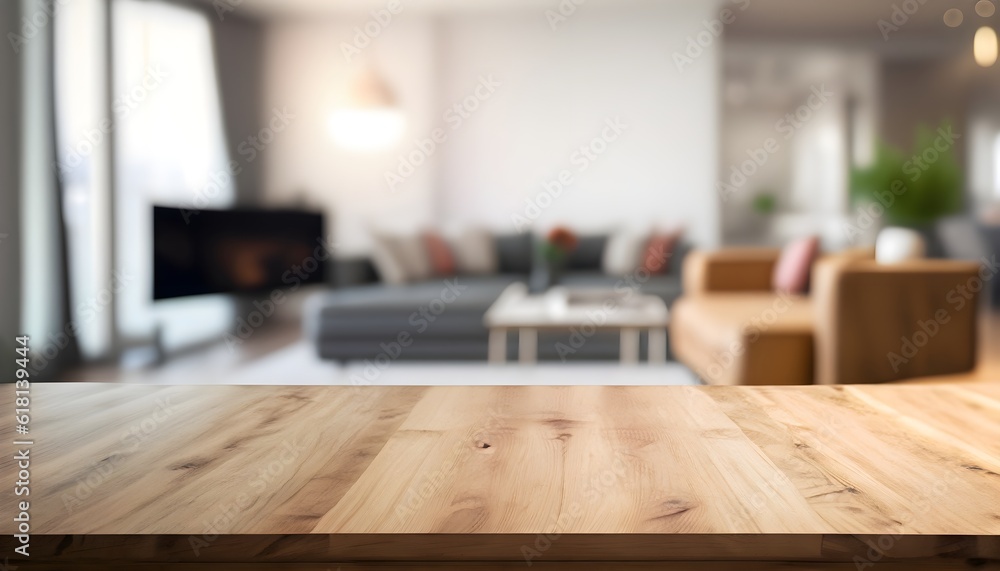 modern living room with fireplace, room with a table, table, Wood table ...