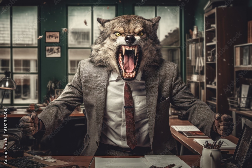 Angry wolf wearing suit, metaphor on the theme of types of office ...