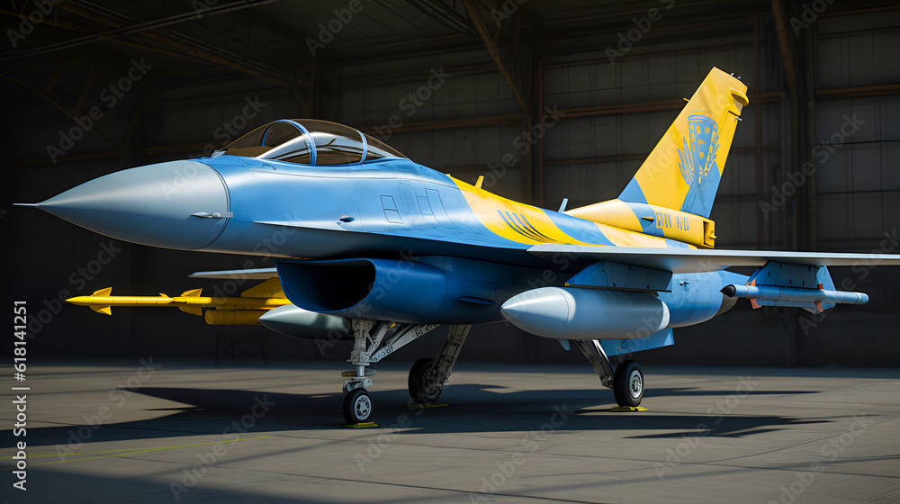 A Ukrainian F16 military fighter jet with the blue and yellow colors of ...