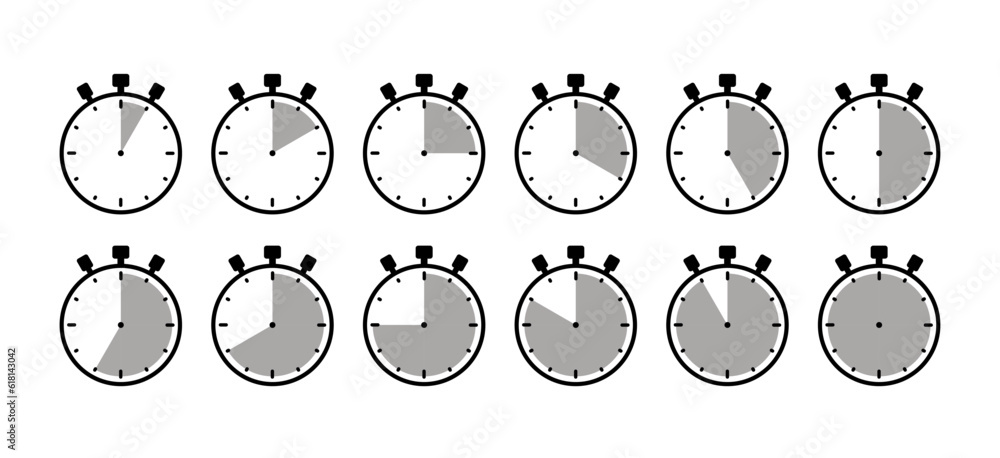 Timer, stopwatches icons in circle shape. Round clocks with different ...