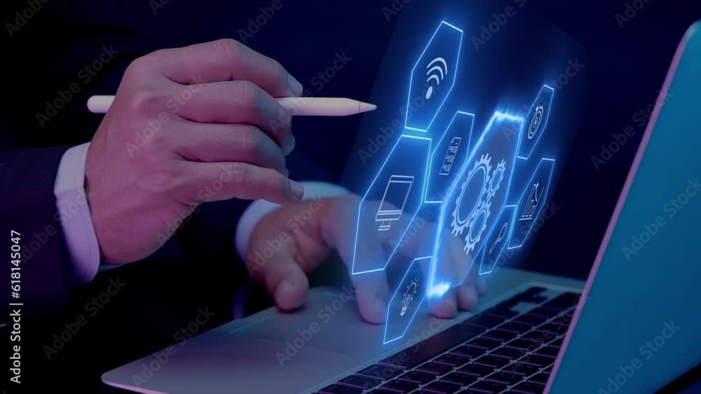 Businessman pointing virtual screen of gear cog icon present operation management involving ...