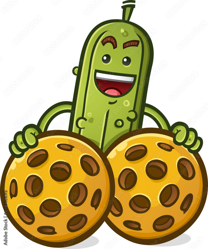 Pickle cartoon holding two gigantic pickleballs in a slightly implied ...