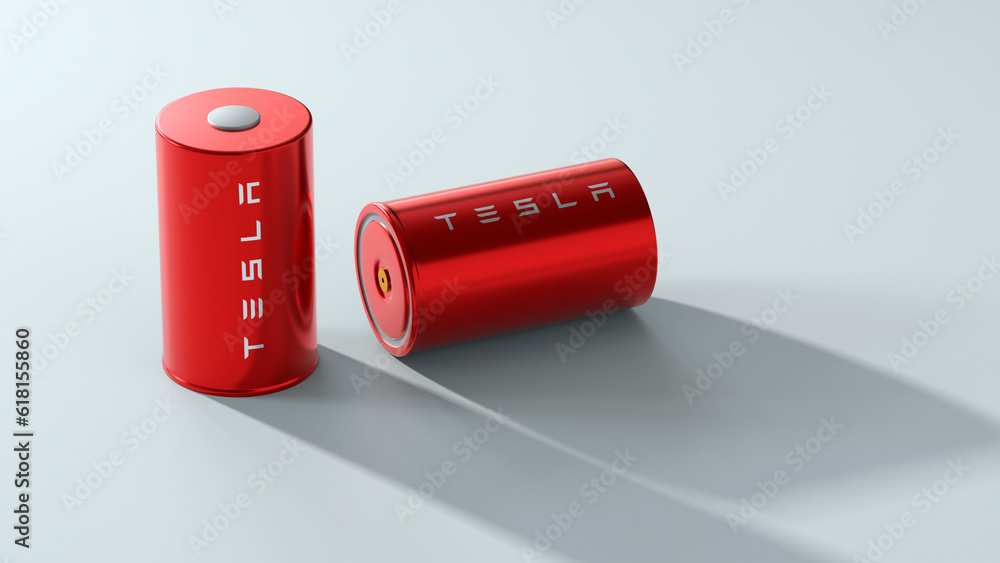 two Lithium-ion red 4680 Tesla battery with logo, one High-capacity ...