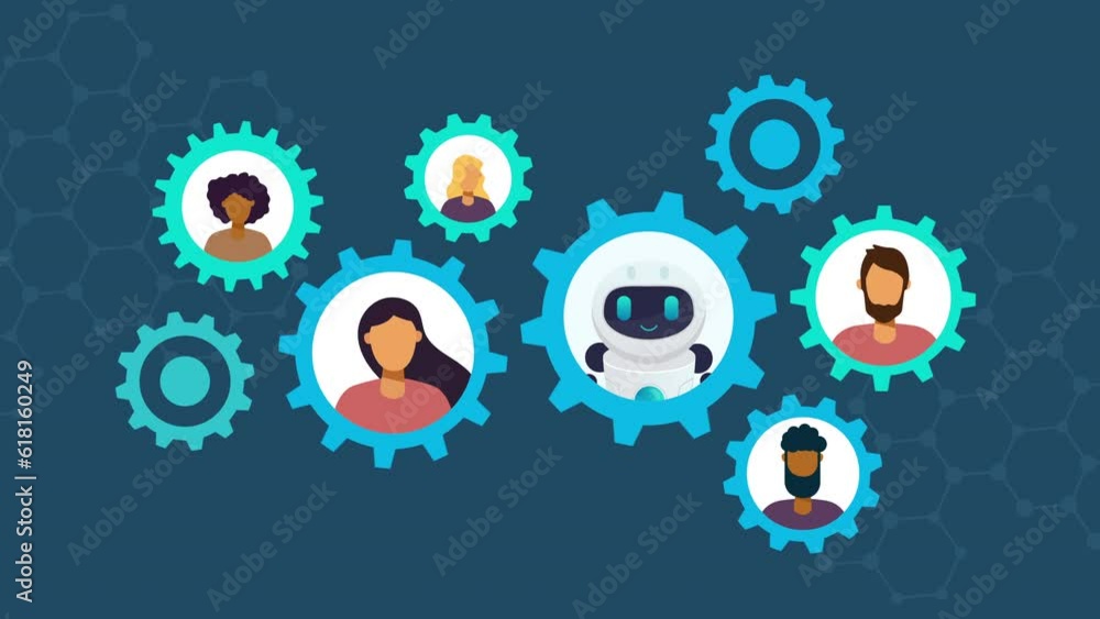 AI robot with gears concept animation.people team with gears rotating ...