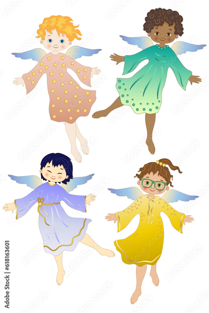 Four young angels of various ethnicities in flight isolated on white ...