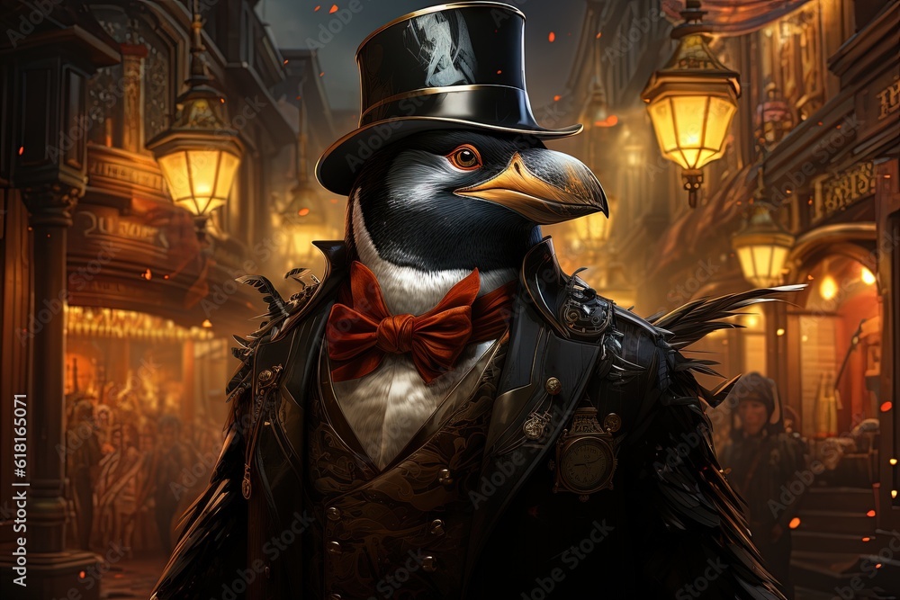 Dapper Penguin: Picture a dashing penguin dressed in a tailored tuxedo ...