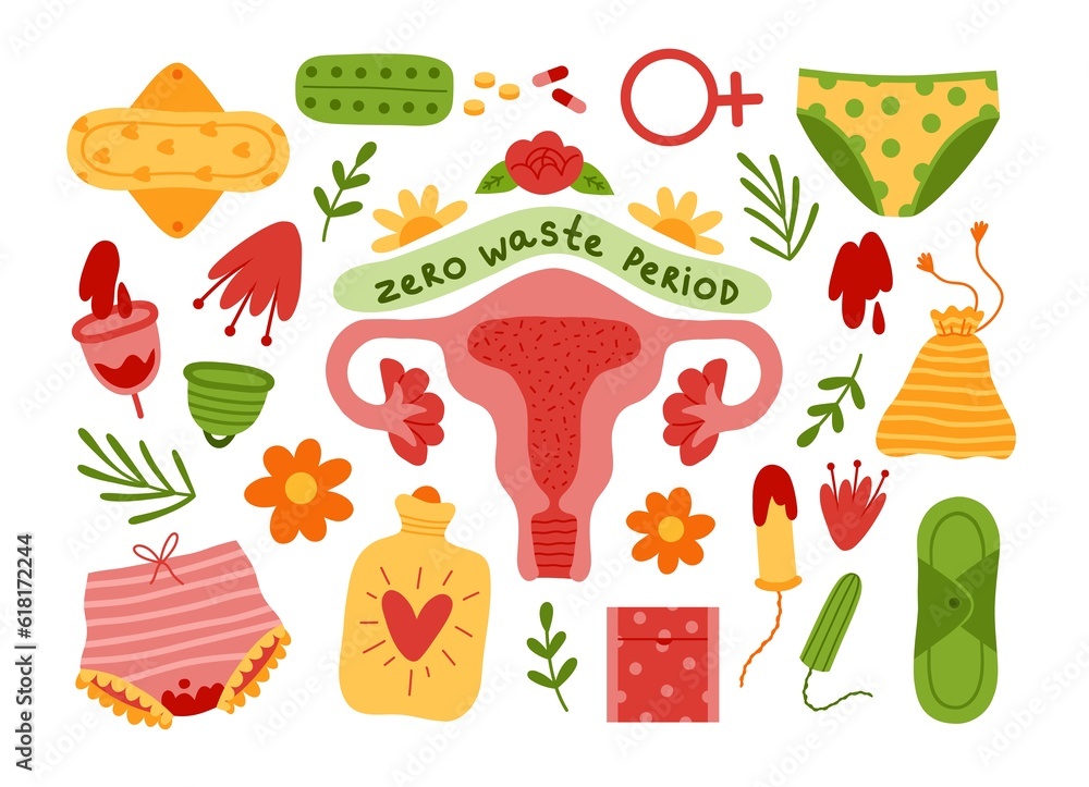 Cartoon menstruation hygiene elements. Female pms period items, women ...