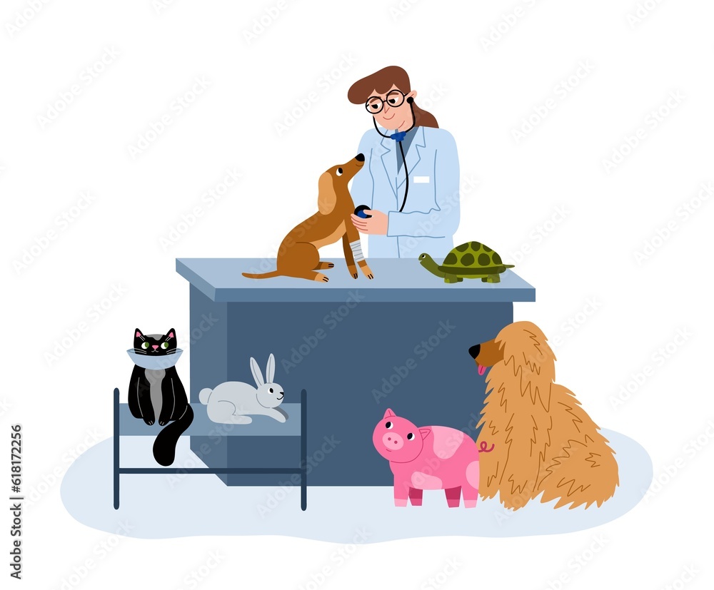 Cartoon vet doctor character with cute patients. Veterinary examination ...