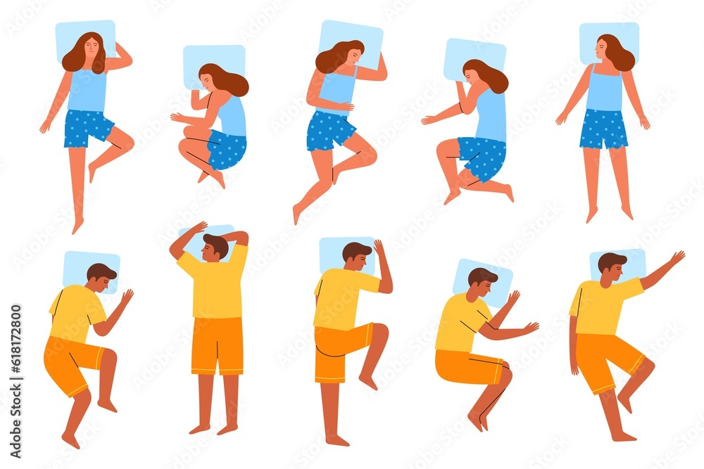 Guy and girl sleeping. Cartoon people sleep in different poses, cute ...