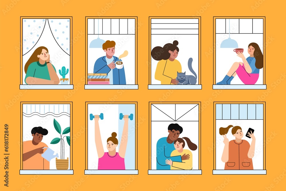 People look in open windows. Residential building facade, funny persons ...