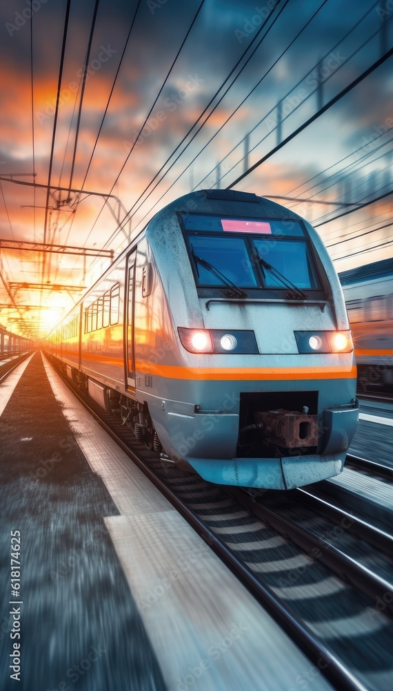 High speed train in motion on the railway station at sunset. Fast ...