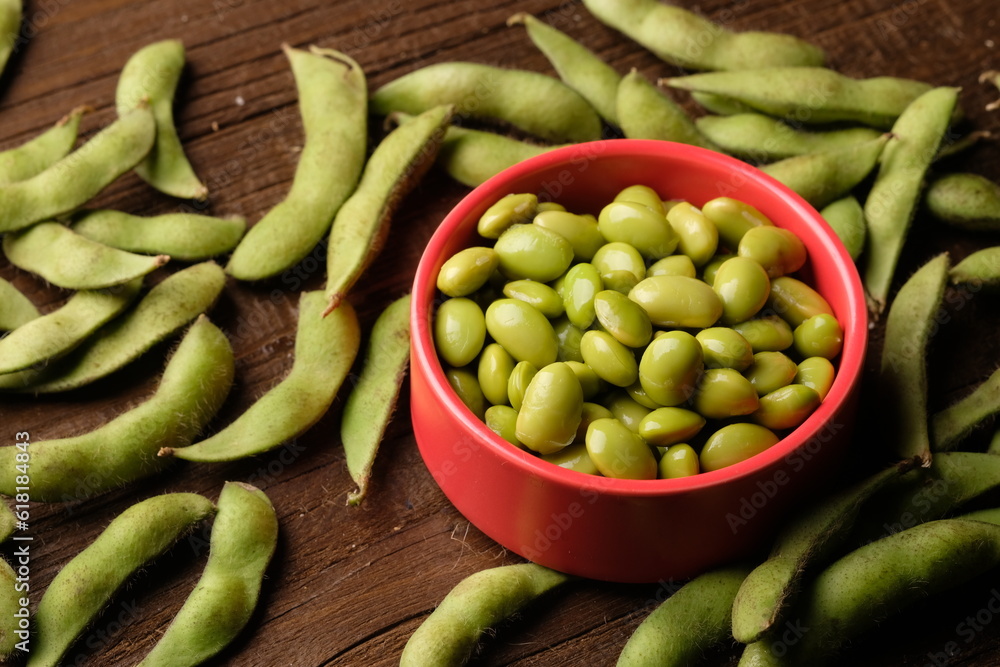 Closeup of peeled edamame. Edamame or mao dou in Chinese, has the Latin ...