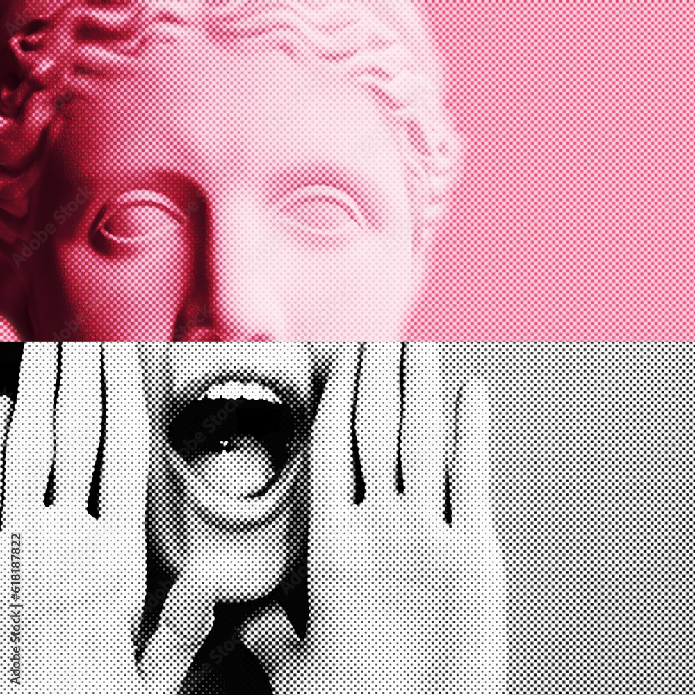 Contemporary collage of plaster statue head in pop art style tinted ...