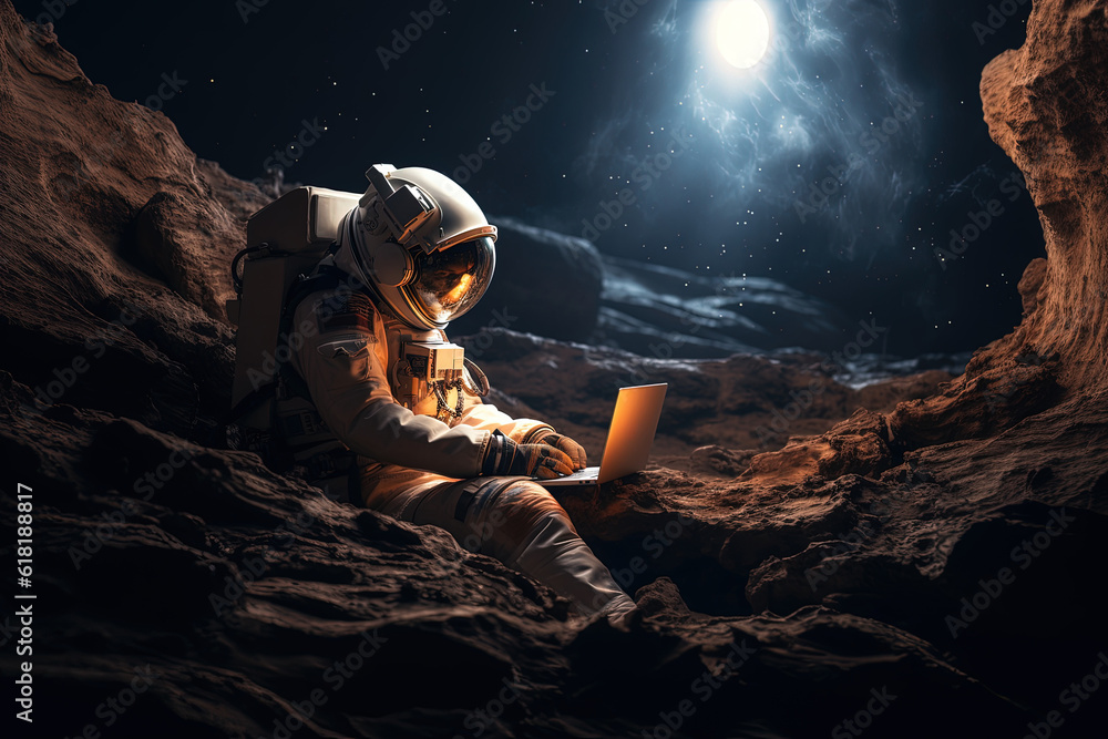 Lonely astronaut using laptop sitting on mars. generative ai Stock ...
