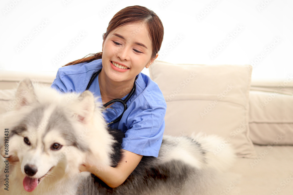 Fotka „Happy beautiful Asian woman veterinarian examining dog at clinic ...