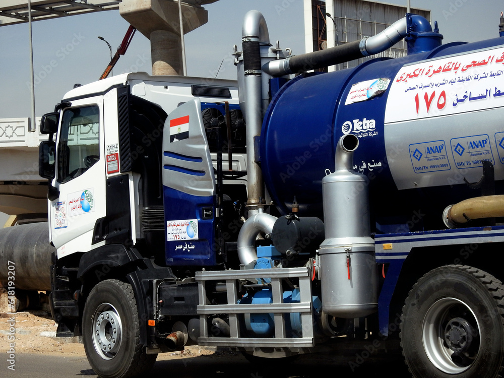 Cairo, Egypt, June 11 2023: large tanker lorry vehicle, drainage sewage ...
