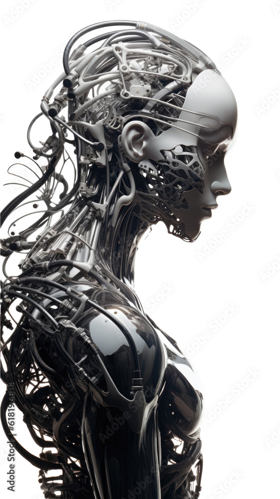 biomechanical tendrils intertwining with the silhouette of a cyborg ...