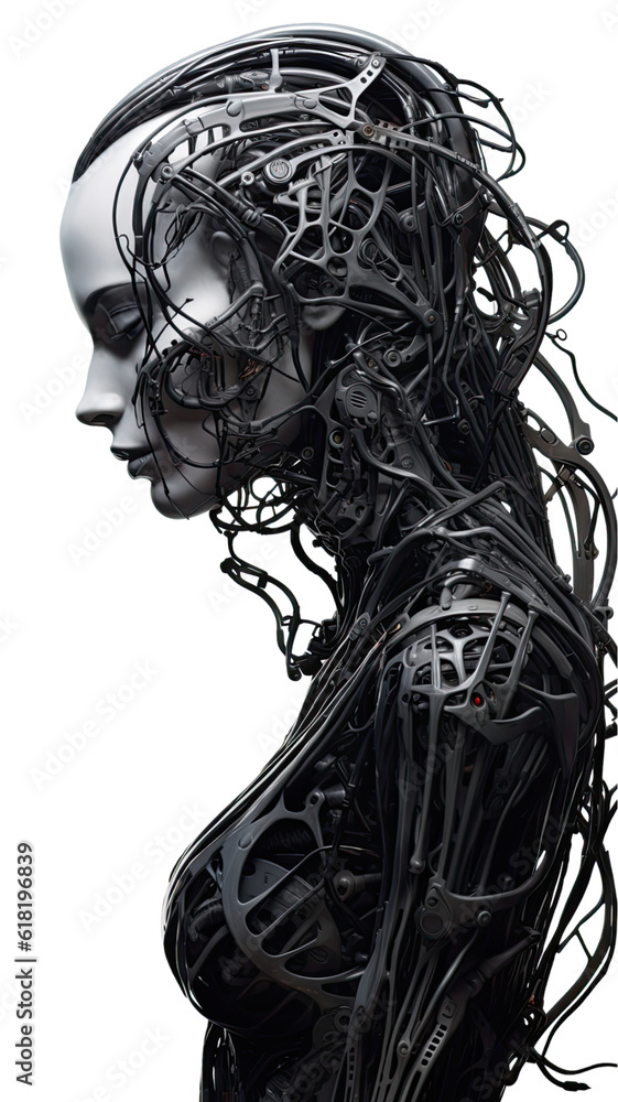 biomechanical tendrils intertwining with the silhouette of a cyborg ...