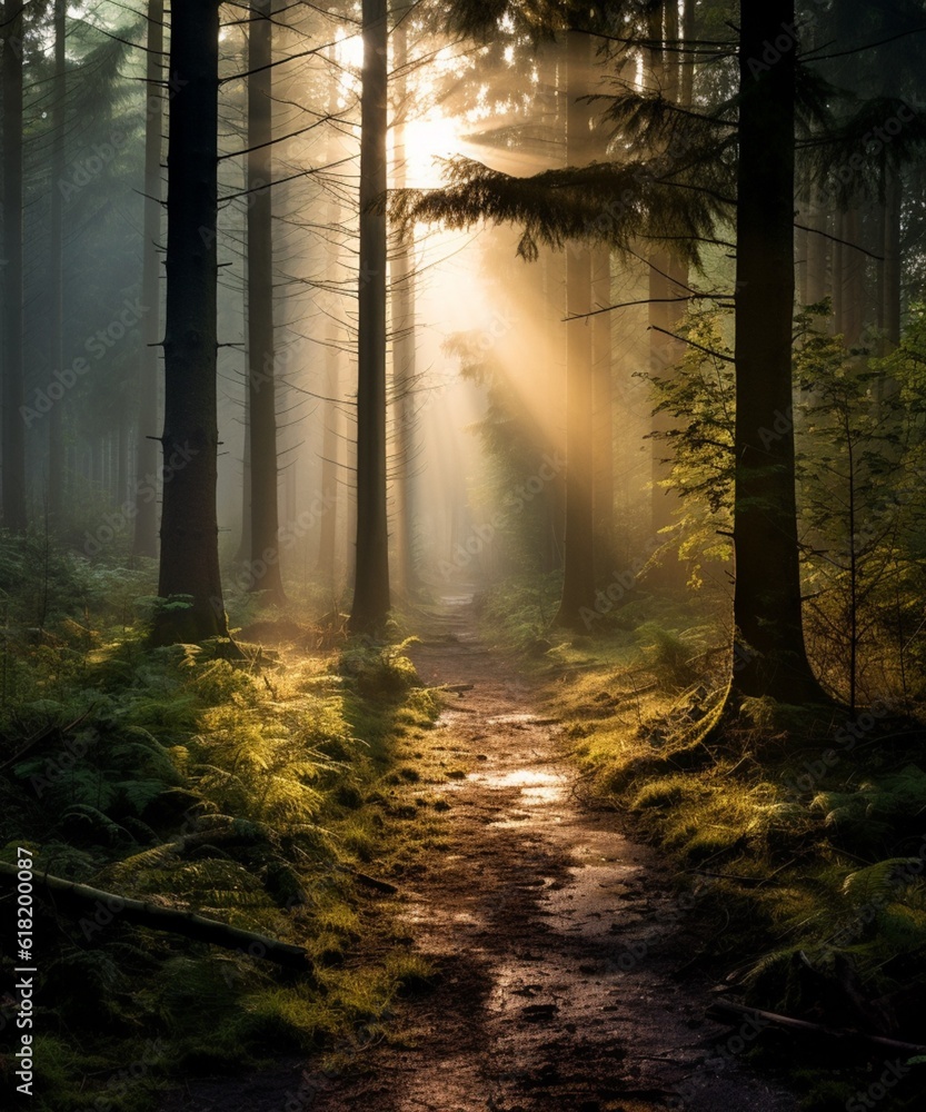 Morning in the forest, The sunbeams shining through the trees The ...
