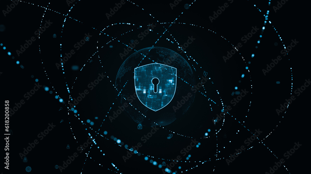Blue security shield logo with particle ring circle rotation and earth ...