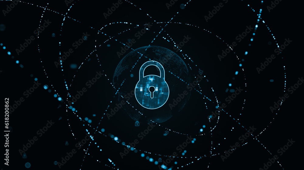ภาพประกอบสต็อก Blue security key logo with particle ring circle ...