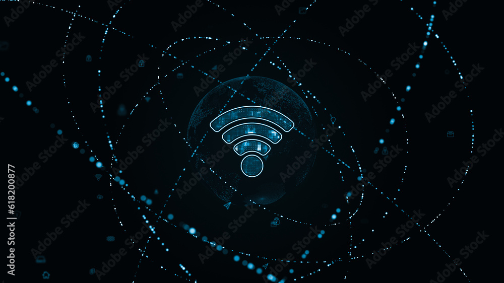 Blue WIFI logo with particle ring circle rotation and earth sphere with ...
