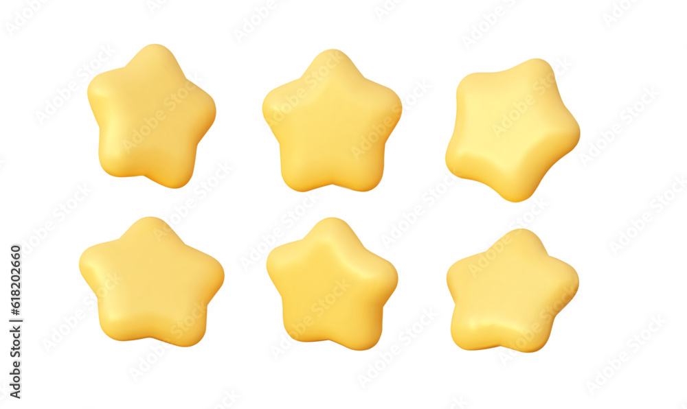A collection of yellow toy stars in different angles. Isolated on a ...