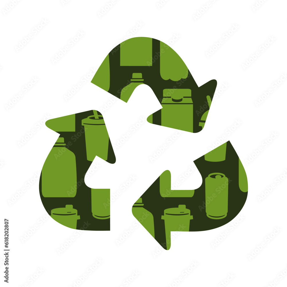 Recycling symbol filled with packaging waste pattern. Beverage ...