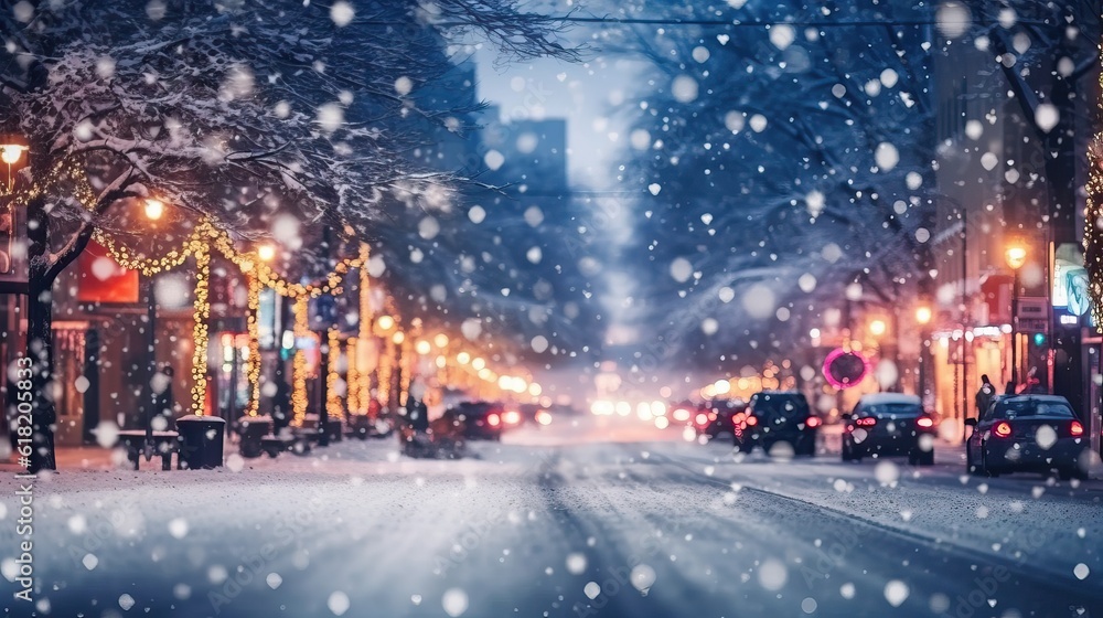 city street Christmas winter blurred background. Xmas tree with snow ...