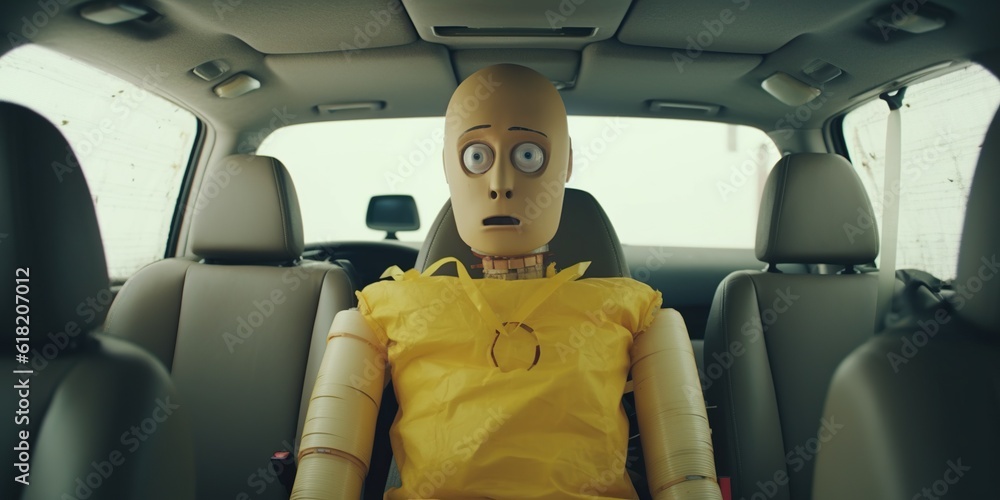 Scared crash test dummy inside car, concept of Safety engineering ...