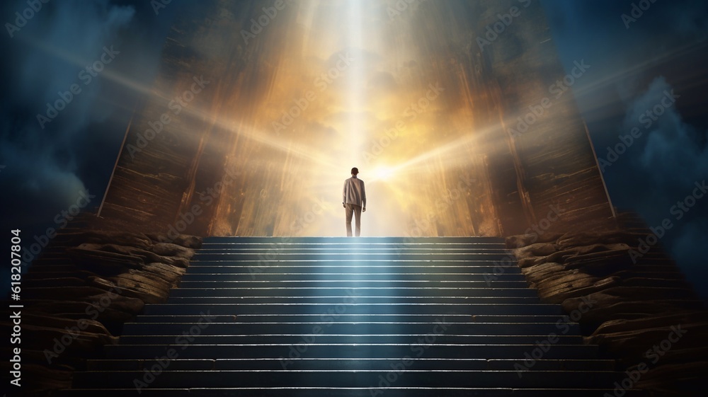 Stairs to heaven heading up to skies, bright light from heaven door ...
