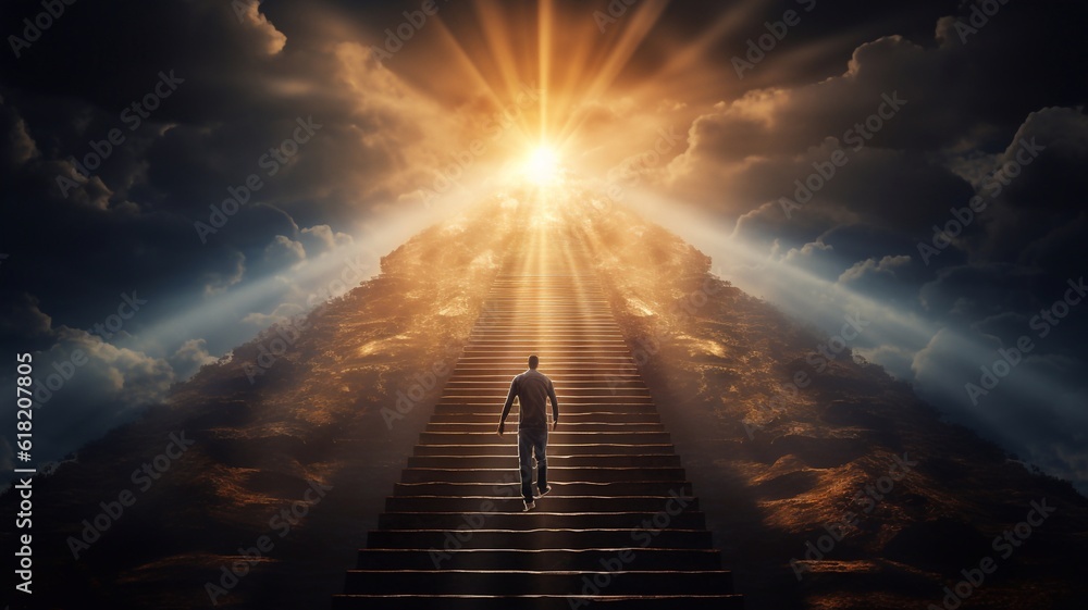 Stairs to heaven heading up to skies, bright light from heaven door ...