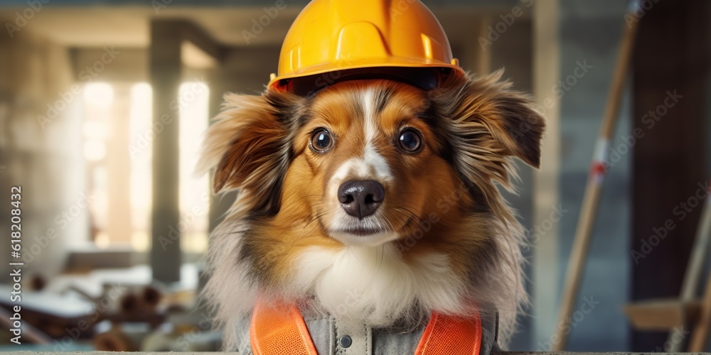 Hilarious dog wearing hard hat and safety vest pretending to be ...