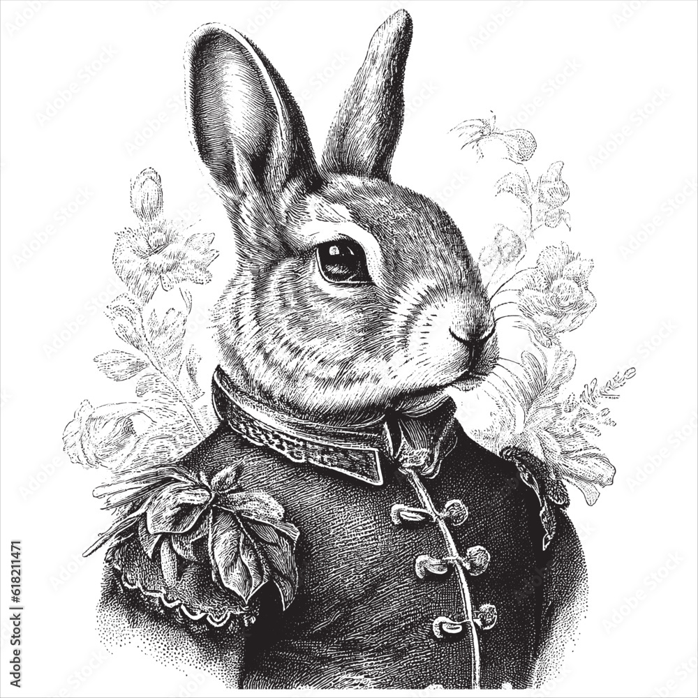 Hand Drawn Engraving Pen and Ink Rabbit Portrait Dressed in Victorian ...